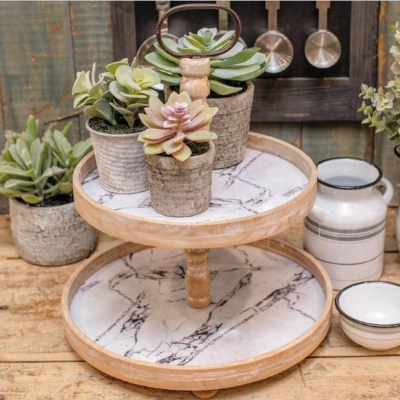 Accents | Nwt White Marblelook 2tier Natural Wood Tray | Poshmark